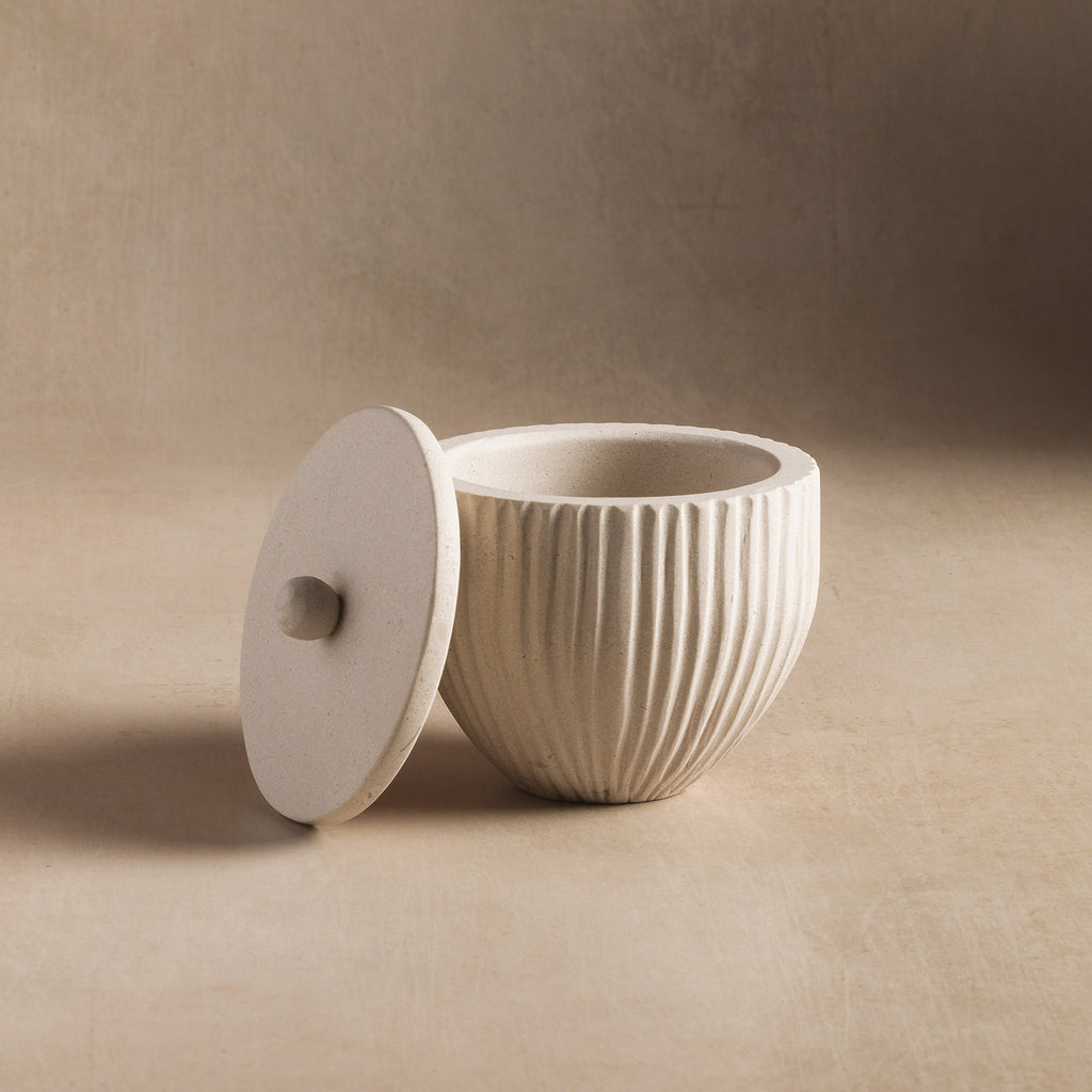 Luna Ribbed Container - Cream Limestone - Studio H Collection